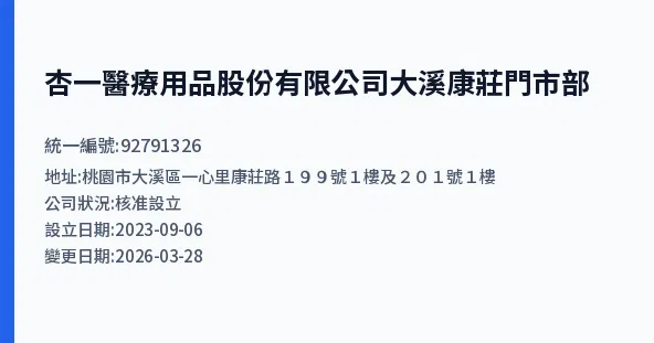 杏一醫療用品股份有限公司大溪康莊門市部的照片-統編 92791326(桃園市) 公司登記資料與營業項目詳細圖表