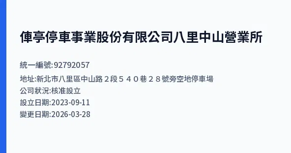 俥亭停車事業股份有限公司八里中山營業所的照片-統編 92792057(新北市) 公司登記資料與營業項目詳細圖表