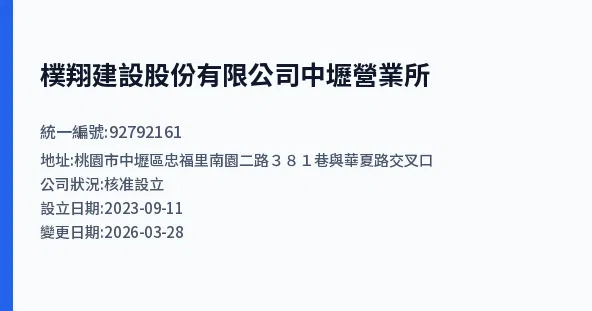 樸翔建設股份有限公司中壢營業所的照片-統編 92792161(桃園市) 公司登記資料與營業項目詳細圖表