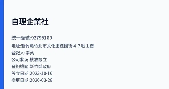 自理企業社的照片-統編 92795189(新竹縣) 公司登記資料與營業項目詳細圖表