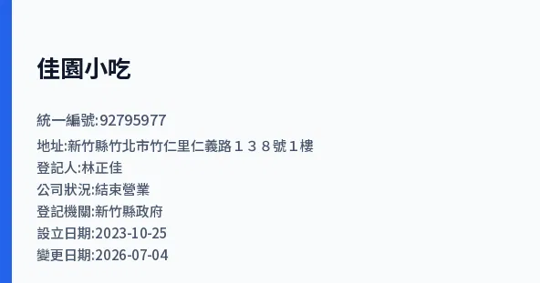 佳園小吃的照片-統編 92795977(新竹縣) 公司登記資料與營業項目詳細圖表