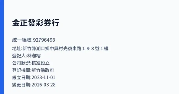 金正發彩券行的照片-統編 92796498(新竹縣) 公司登記資料與營業項目詳細圖表