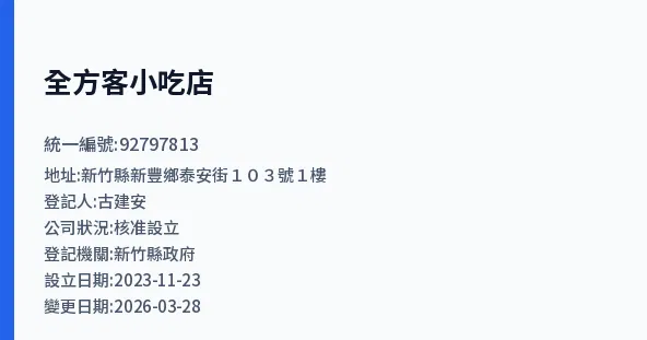 全方客小吃店的照片-統編 92797813(新竹縣) 公司登記資料與營業項目詳細圖表