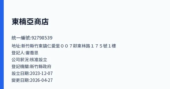 東楠亞商店的照片-統編 92798539(新竹縣) 公司登記資料與營業項目詳細圖表