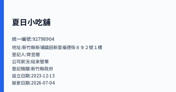 夏日小吃舖的照片-統編 92798904(新竹縣) 公司登記資料與營業項目詳細圖表