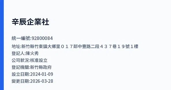 辛辰企業社的照片-統編 92800084(新竹縣) 公司登記資料與營業項目詳細圖表