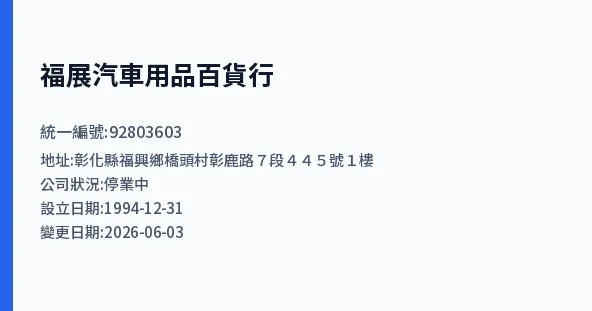 福展汽車用品百貨行的照片-統編 92803603(彰化縣) 公司登記資料與營業項目詳細圖表