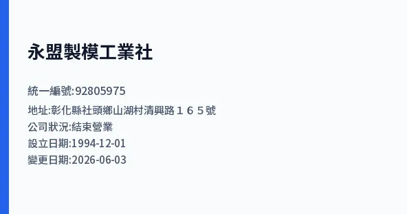 永盟製模工業社的照片-統編 92805975(彰化縣) 公司登記資料與營業項目詳細圖表