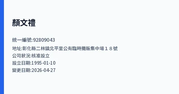 顏文禮的照片-統編 92809043(彰化縣) 公司登記資料與營業項目詳細圖表