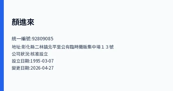 顏進來的照片-統編 92809085(彰化縣) 公司登記資料與營業項目詳細圖表