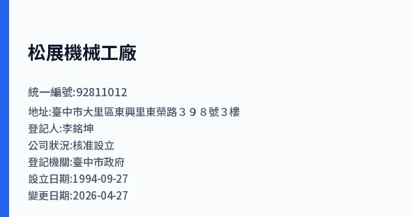 松展機械工廠的照片-統編 92811012(臺中市) 公司登記資料與營業項目詳細圖表