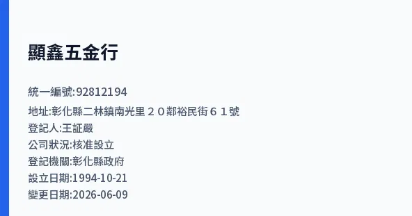 顯鑫五金行的照片-統編 92812194(彰化縣) 公司登記資料與營業項目詳細圖表