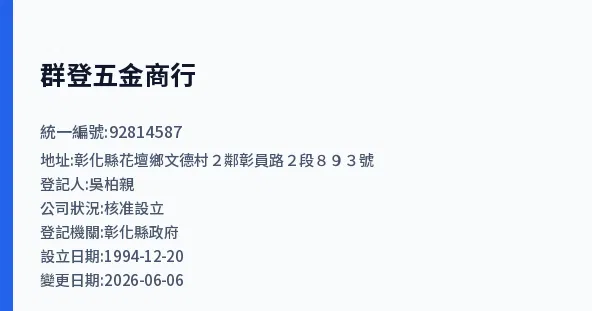群登五金商行的照片-統編 92814587(彰化縣) 公司登記資料與營業項目詳細圖表