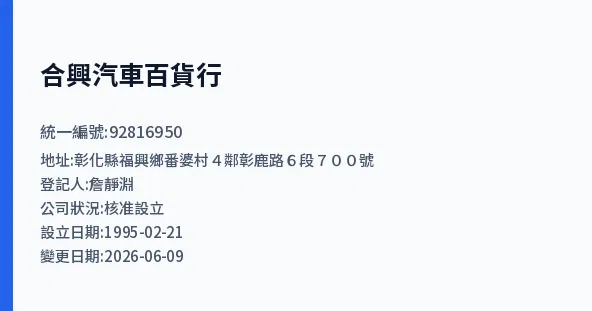 合興汽車百貨行的照片-統編 92816950(彰化縣) 公司登記資料與營業項目詳細圖表