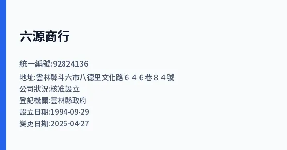 六源商行的照片-統編 92824136(雲林縣) 公司登記資料與營業項目詳細圖表