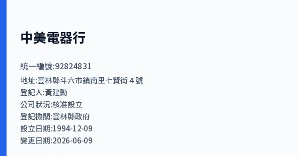 中美電器行的照片-統編 92824831(雲林縣) 公司登記資料與營業項目詳細圖表