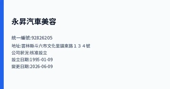 永昇汽車美容的照片-統編 92826205(雲林縣) 公司登記資料與營業項目詳細圖表