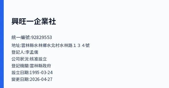 興旺一企業社的照片-統編 92829553(雲林縣) 公司登記資料與營業項目詳細圖表