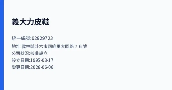 義大力皮鞋的照片-統編 92829723(雲林縣) 公司登記資料與營業項目詳細圖表