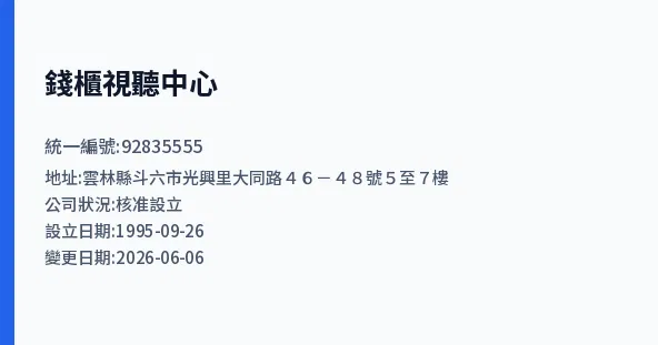 錢櫃視聽中心的照片-統編 92835555(雲林縣) 公司登記資料與營業項目詳細圖表