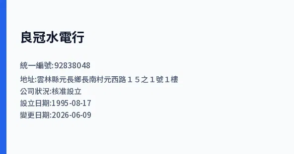 良冠水電行的照片-統編 92838048(雲林縣) 公司登記資料與營業項目詳細圖表
