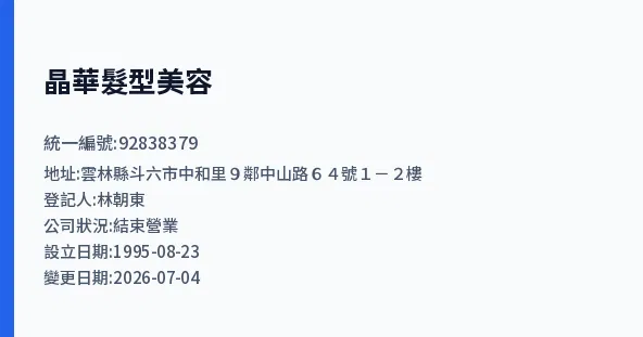 晶華髮型美容的照片-統編 92838379(雲林縣) 公司登記資料與營業項目詳細圖表