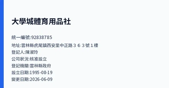 大學城體育用品社的照片-統編 92838785(雲林縣) 公司登記資料與營業項目詳細圖表