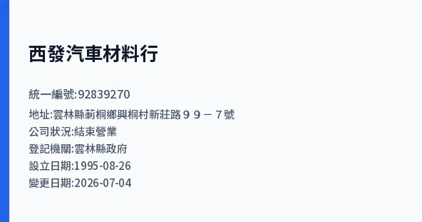 西發汽車材料行的照片-統編 92839270(雲林縣) 公司登記資料與營業項目詳細圖表