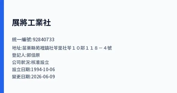 展將工業社的照片-統編 92840733(苗栗縣) 公司登記資料與營業項目詳細圖表
