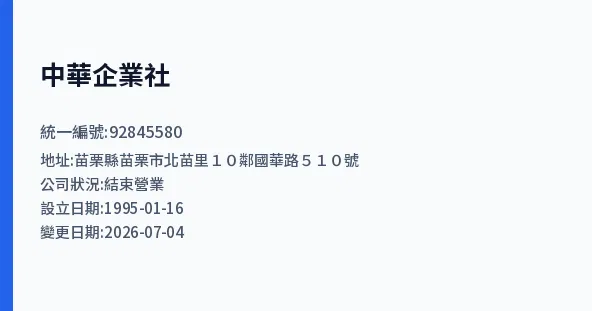 中華企業社的照片-統編 92845580(苗栗縣) 公司登記資料與營業項目詳細圖表