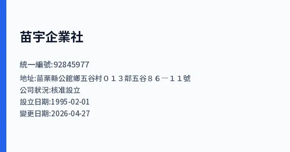 苗宇企業社的照片-統編 92845977(苗栗縣) 公司登記資料與營業項目詳細圖表