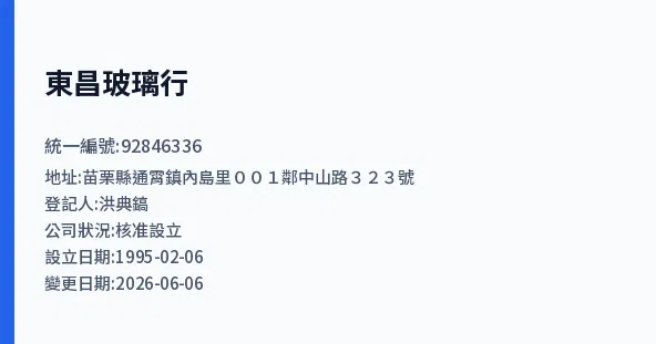 東昌玻璃行的照片-統編 92846336(苗栗縣) 公司登記資料與營業項目詳細圖表