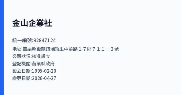 金山企業社的照片-統編 92847124(苗栗縣) 公司登記資料與營業項目詳細圖表