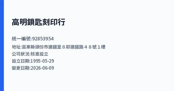 高明鎖匙刻印行的照片-統編 92853954(苗栗縣) 公司登記資料與營業項目詳細圖表