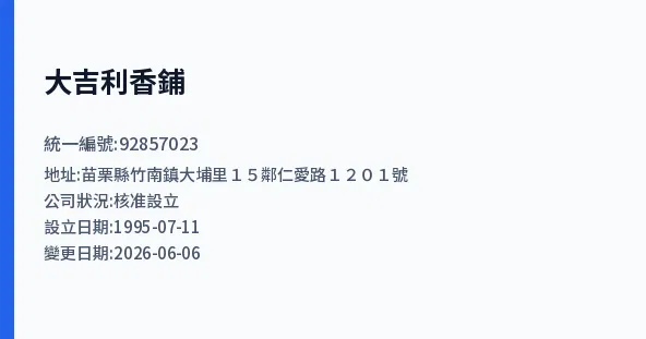 大吉利香鋪的照片-統編 92857023(苗栗縣) 公司登記資料與營業項目詳細圖表