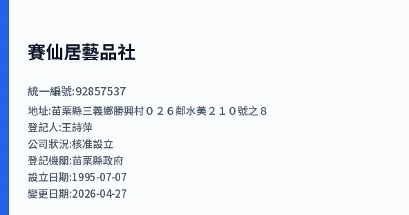 賽仙居藝品社的照片-統編 92857537(苗栗縣) 公司登記資料與營業項目詳細圖表