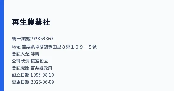 再生農業社的照片-統編 92858867(苗栗縣) 公司登記資料與營業項目詳細圖表