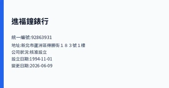 進福鐘錶行的照片-統編 92863931(新北市) 公司登記資料與營業項目詳細圖表