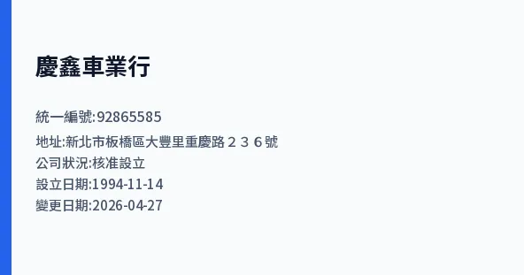 慶鑫車業行的照片-統編 92865585(新北市) 公司登記資料與營業項目詳細圖表