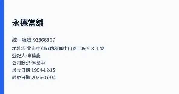 永德當舖的照片-統編 92866867(新北市) 公司登記資料與營業項目詳細圖表