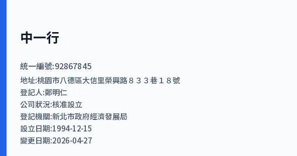 中一行的照片-統編 92867845(桃園市) 公司登記資料與營業項目詳細圖表