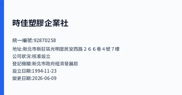 時佳塑膠企業社的照片-統編 92870258(新北市) 公司登記資料與營業項目詳細圖表