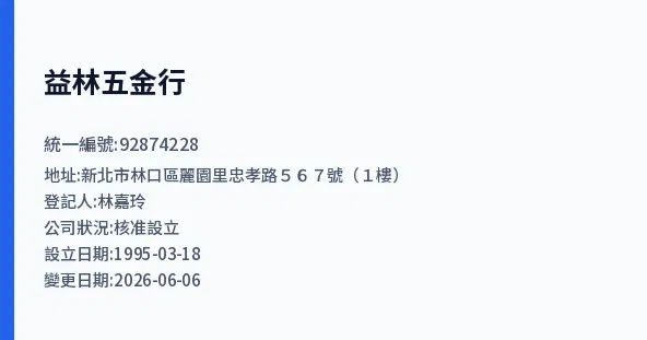 益林五金行的照片-統編 92874228(新北市) 公司登記資料與營業項目詳細圖表