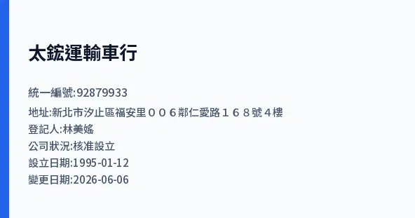太鋐運輸車行的照片-統編 92879933(新北市) 公司登記資料與營業項目詳細圖表