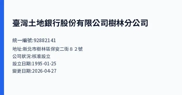 臺灣土地銀行股份有限公司樹林分公司的照片-統編 92882141(新北市) 公司登記資料與營業項目詳細圖表