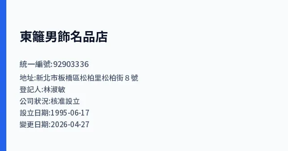 東籬男飾名品店的照片-統編 92903336(新北市) 公司登記資料與營業項目詳細圖表