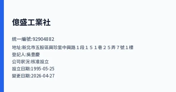億盛工業社的照片-統編 92904882(新北市) 公司登記資料與營業項目詳細圖表
