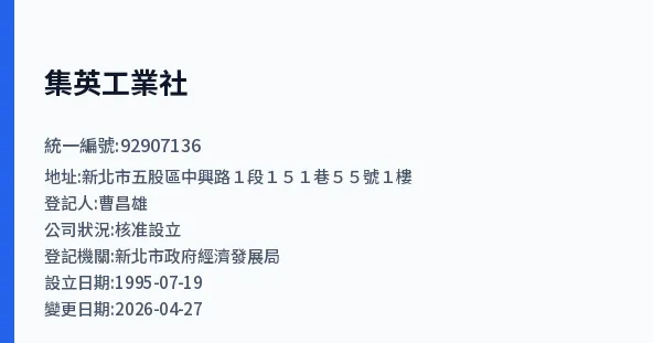 集英工業社的照片-統編 92907136(新北市) 公司登記資料與營業項目詳細圖表