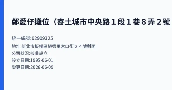 鄭愛仔攤位(寄土城市中央路1段1巷8弄2號1樓)的照片-統編 92909325(新北市) 公司登記資料與營業項目詳細圖表