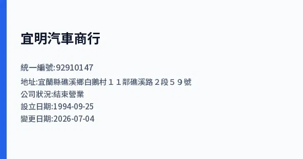 宜明汽車商行的照片-統編 92910147(宜蘭縣) 公司登記資料與營業項目詳細圖表
